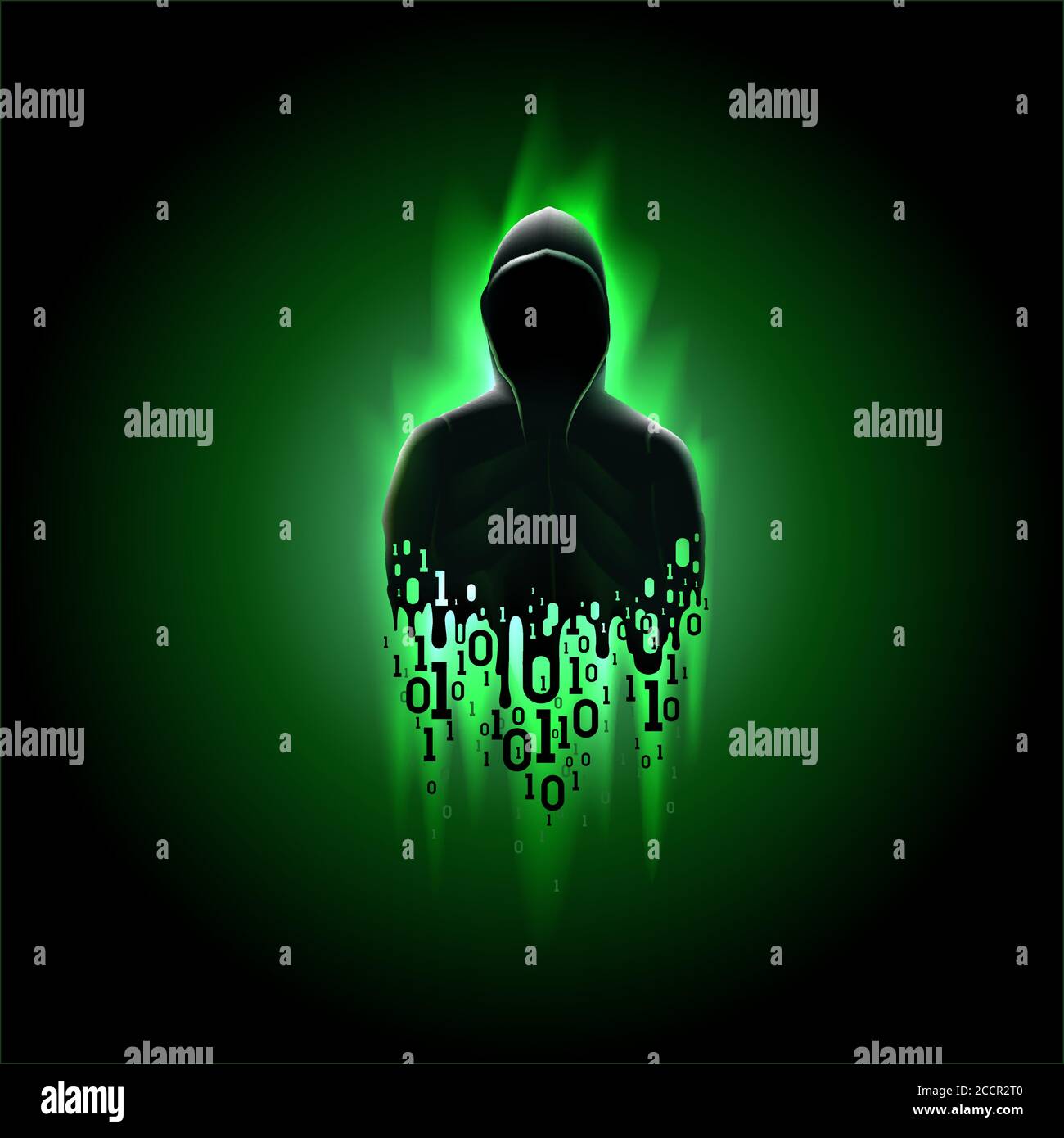 Silhouette of a hacker in a hood with binary code on a luminous green background, hacking of a ...