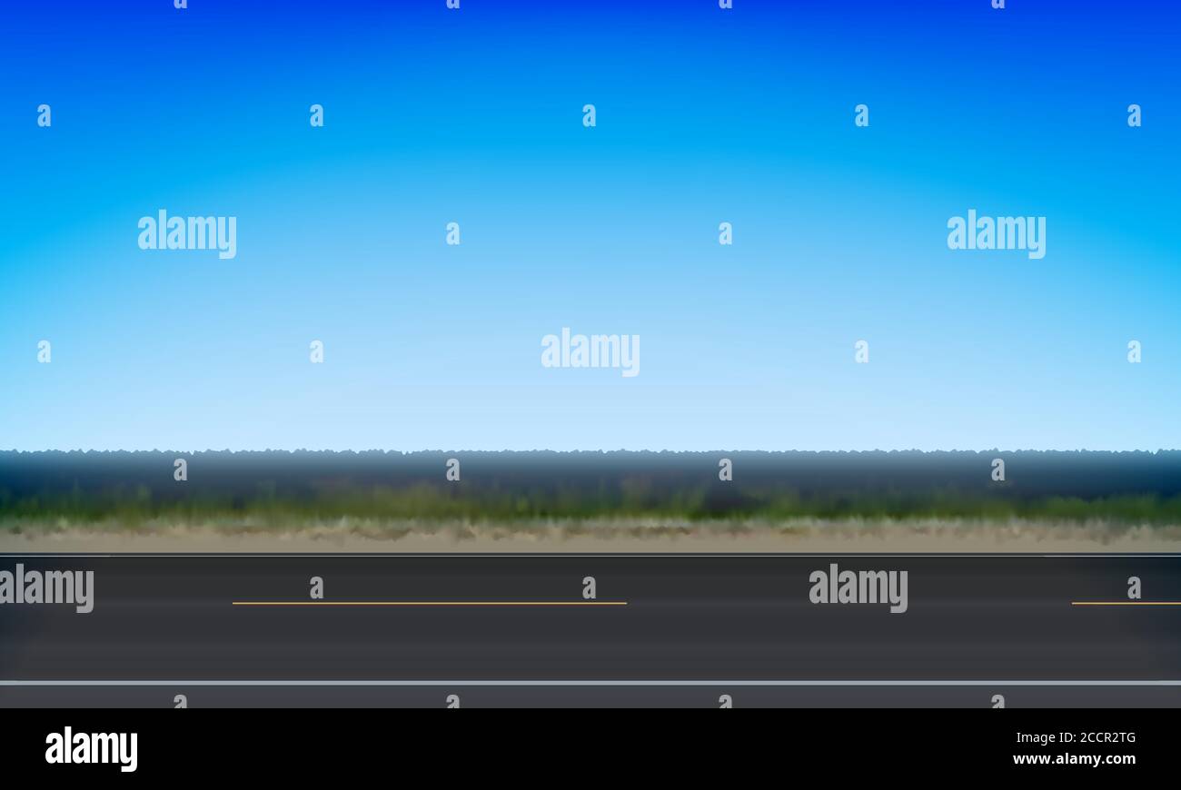 Side view of a road, roadside green meadow and clear blue sky ...