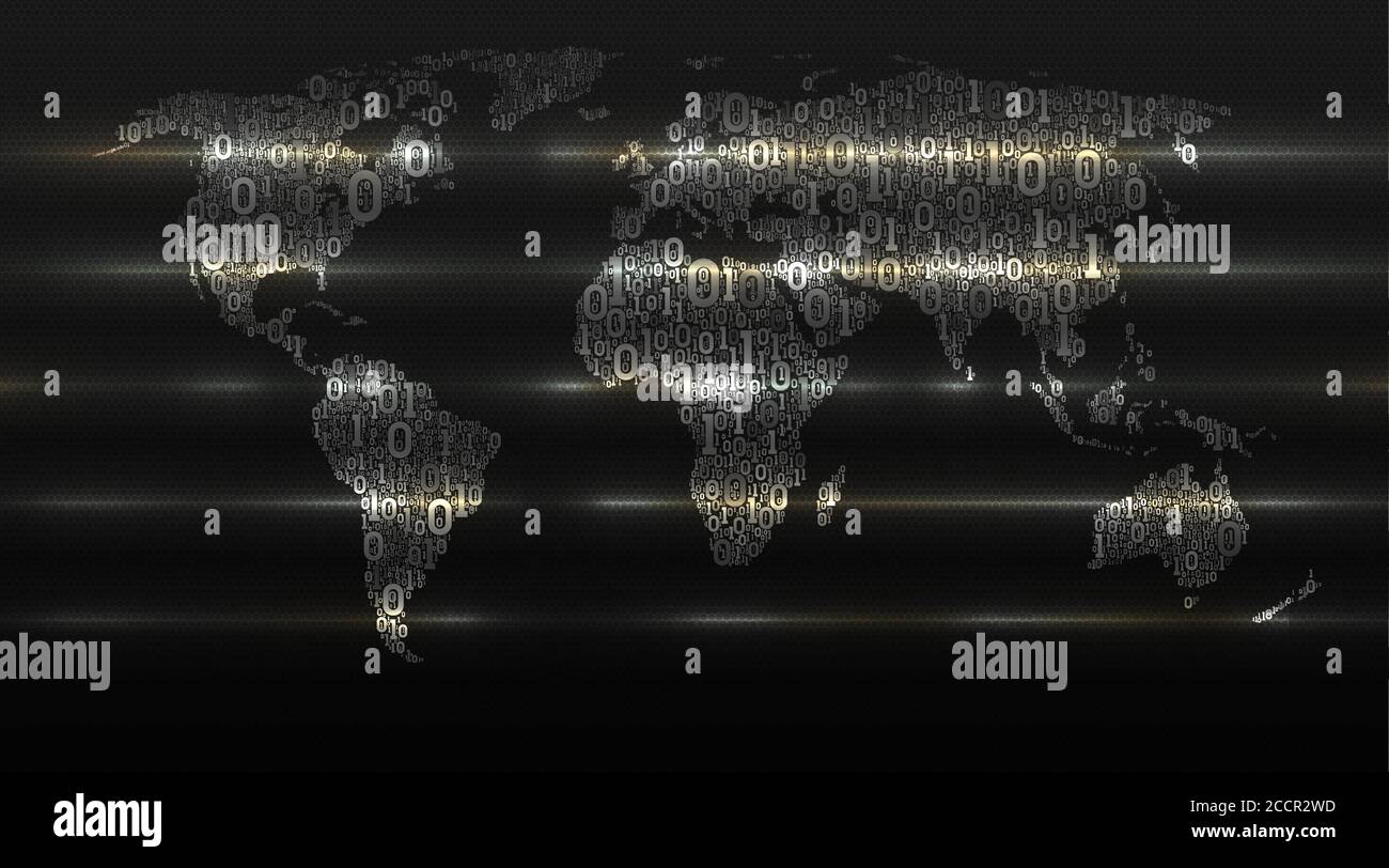 Binary code world map on dark cellular background. Abstract digital ...