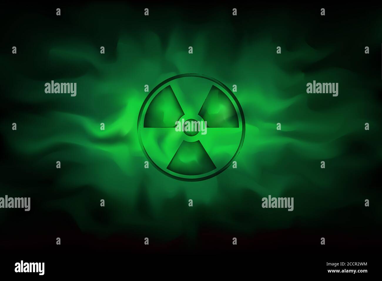 Radiation sign on background of polluted green fog. Dangerous haze ...