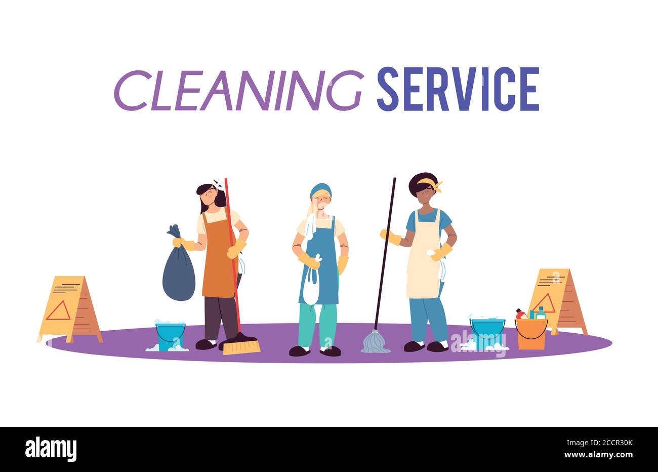 cleaning service team with gloves and cleaning utensils vector ...