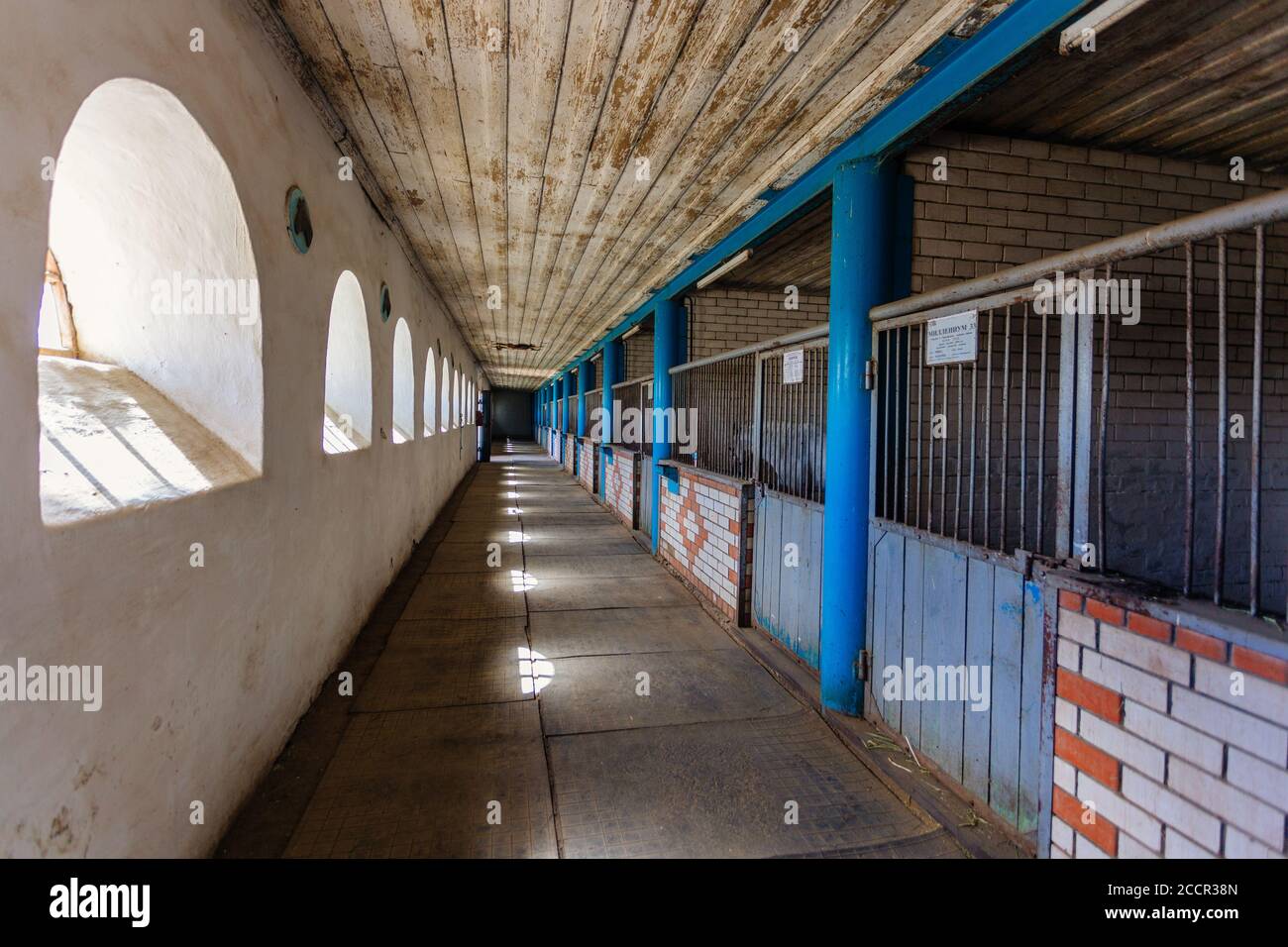 Old historical horse stable with loose horse boxes, tunnel view Stock ...