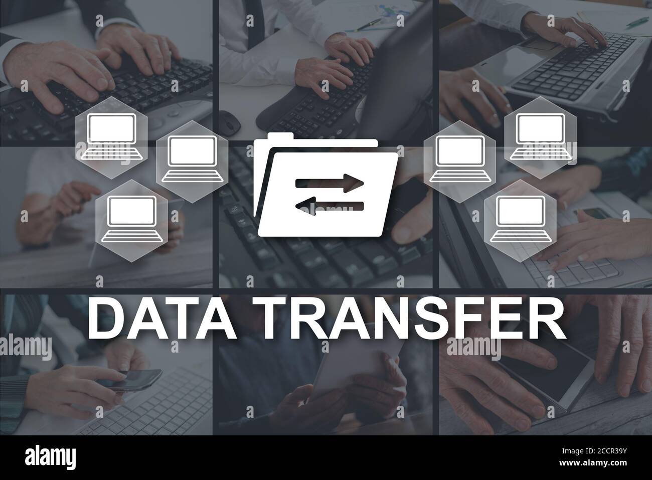 Data transfer concept illustrated by pictures on background Stock Photo ...