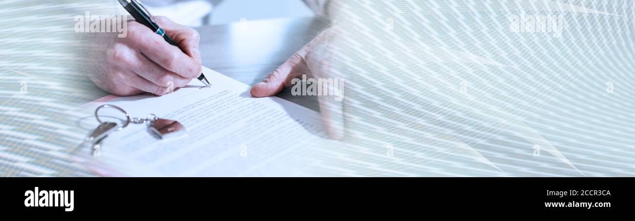 Signature of a real estate contract (lorem ipsum text used); panoramic ...