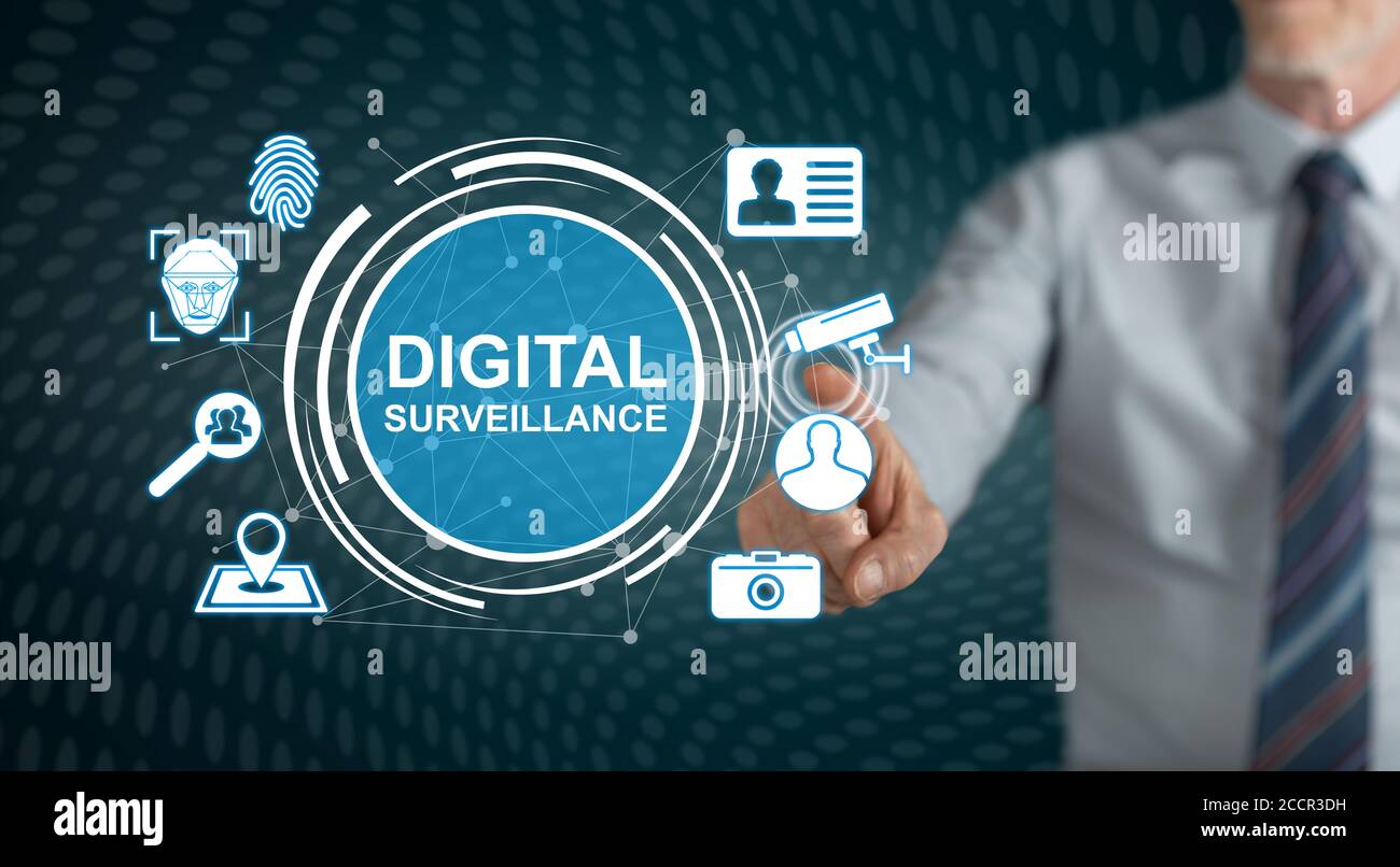 Man touching a digital surveillance concept on a touch screen with his ...