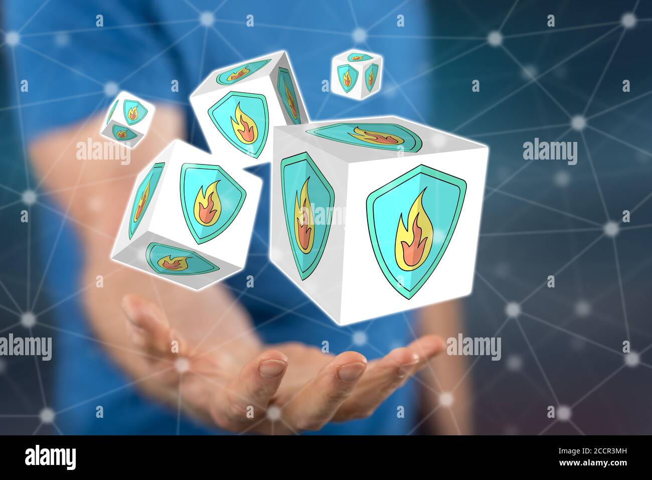 Fire protection concept above the hand of a man in background Stock ...