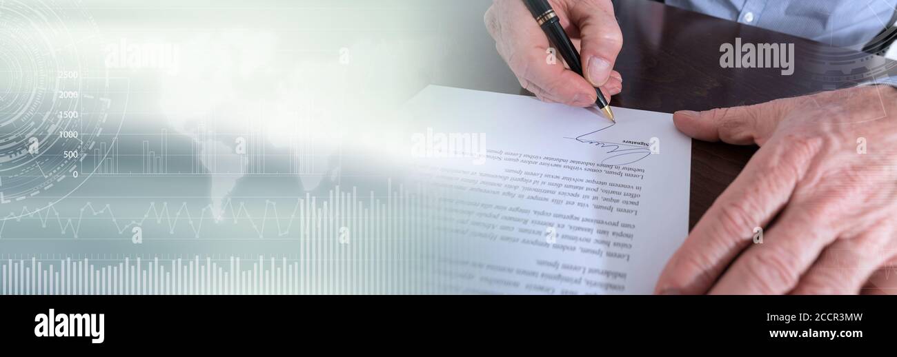 Human hand signing a contract; panoramic banner Stock Photo - Alamy
