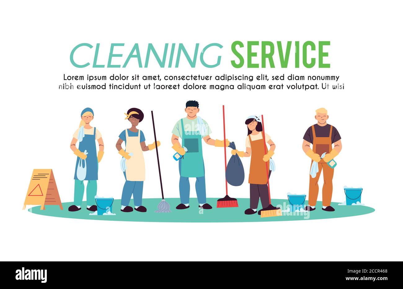 cleaning service team with gloves and cleaning utensils vector ...