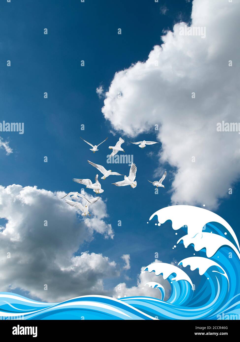 Seagulls flying over high ocean waves set against a cloudy blue sky ...