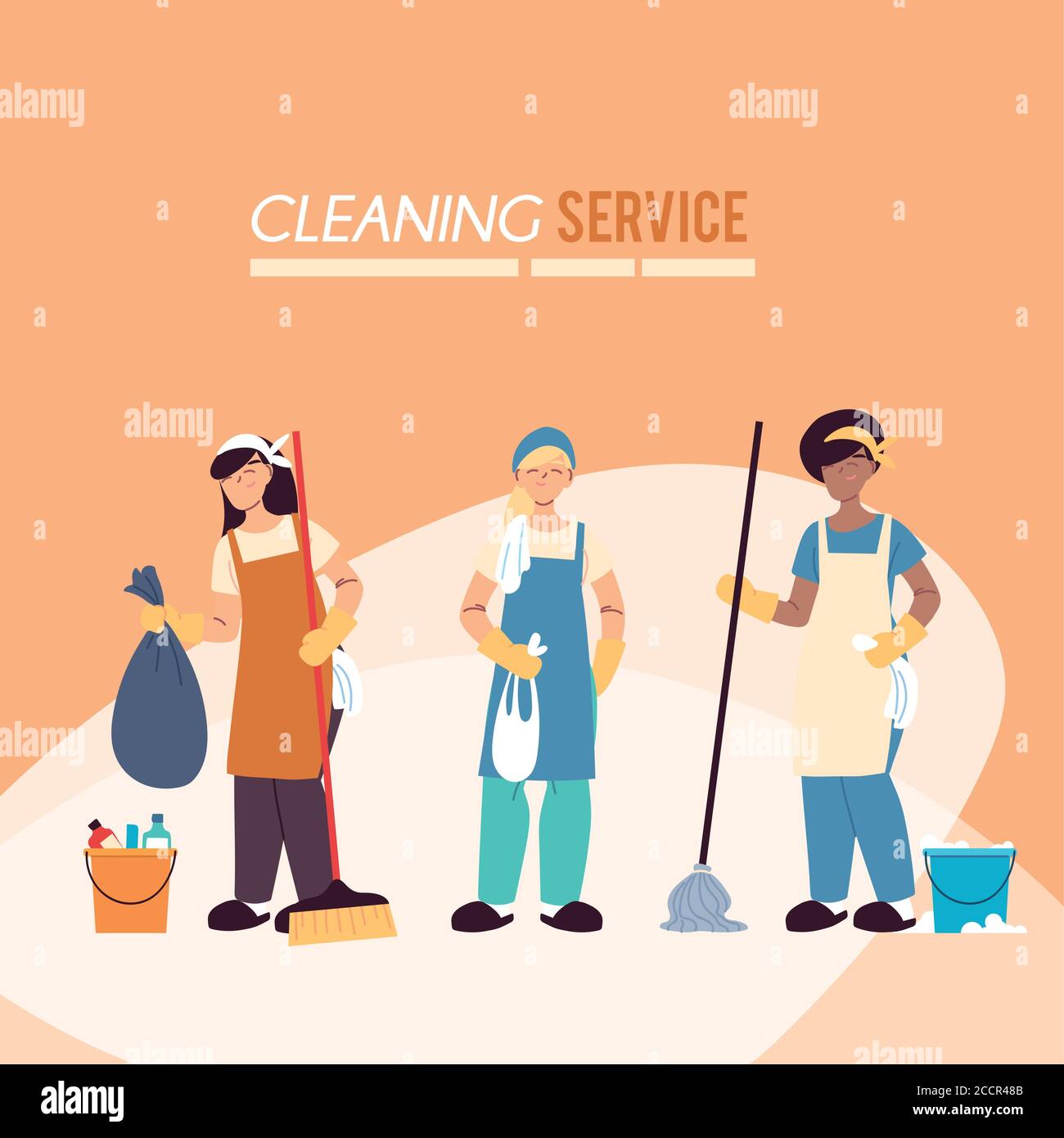 cleaning service team with gloves and cleaning utensils vector ...