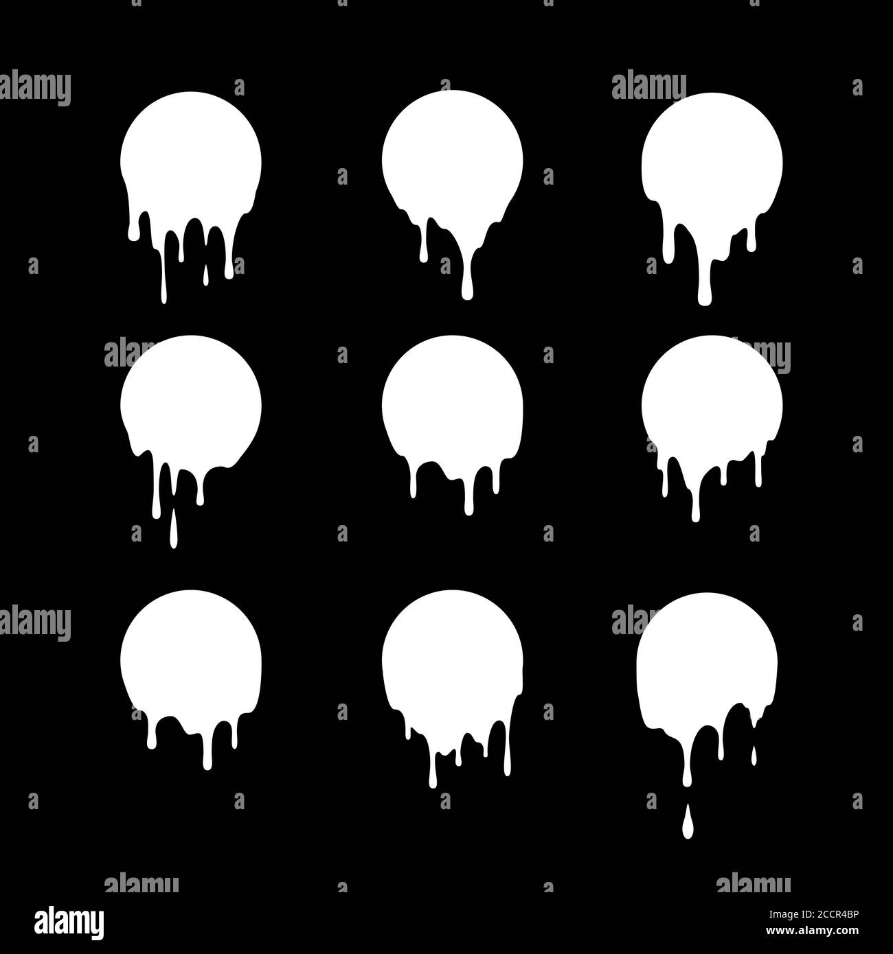Set of dripping white circles. Liquid drops of ink. Dripping liquid ...