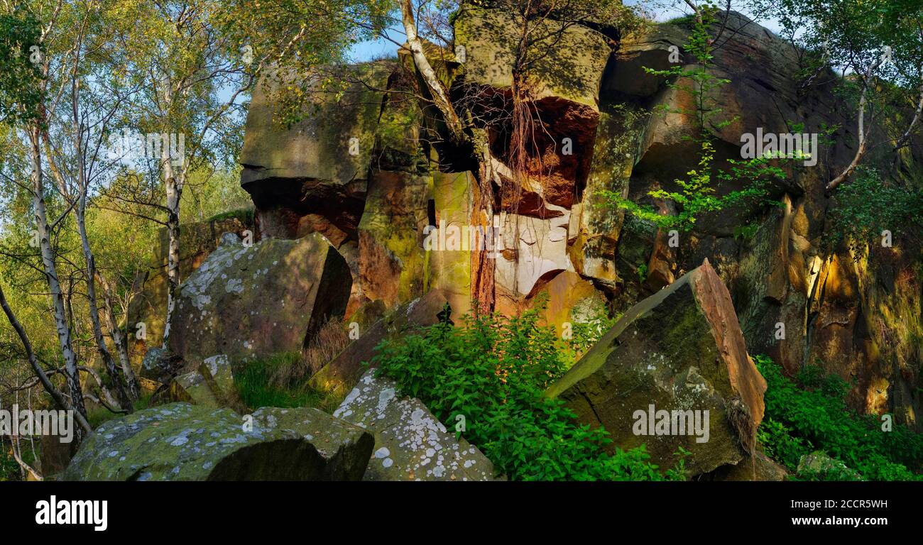 Abandoned gritstone face at Bole Hill Quarry, near Grindleford ...