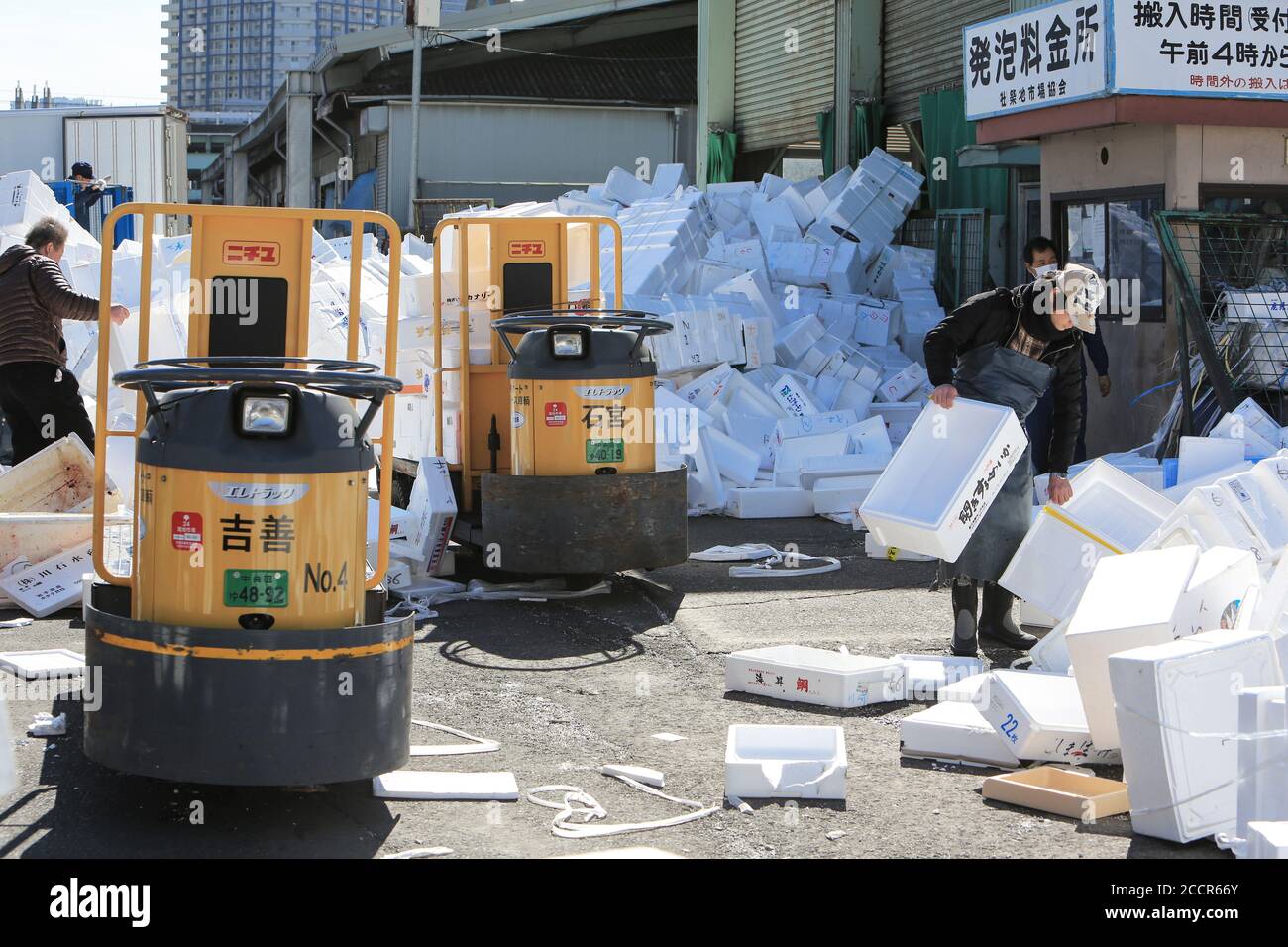 Discarded polystyrene ice boxes in the Tsukiji fish market in Tokyo ...