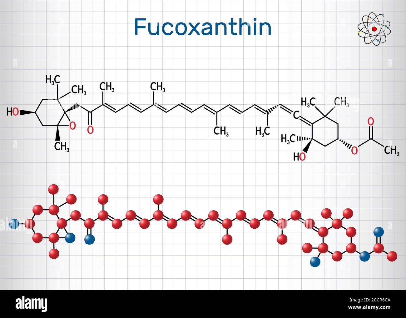 Fucoxanthin, C42H58O6, xanthophyll molecule. It has anticancer, anti ...