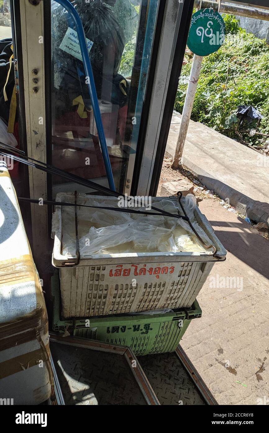 Transport of fresh tofu. Plastic boxes with fresh tofu, transported in ...