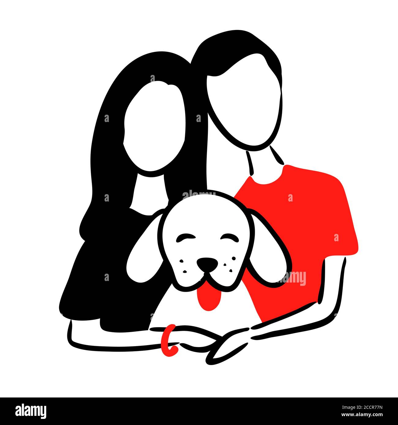 Cartoon portrait of couple loves dog logo line art. Man and woman hugs ...
