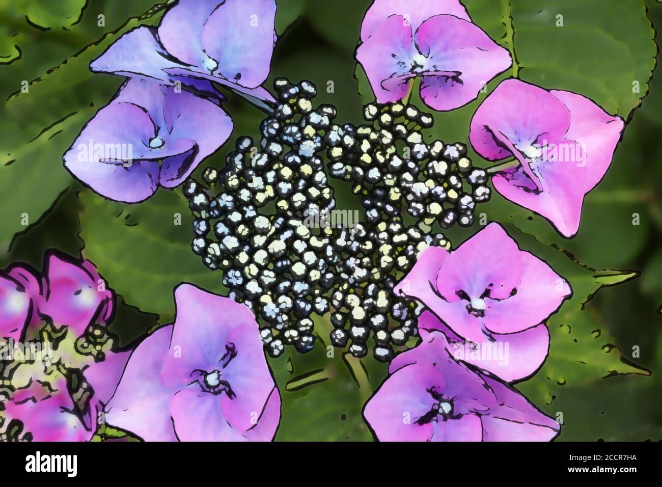 3D-Illustration of a floral background with colorful flowers in a comic ...