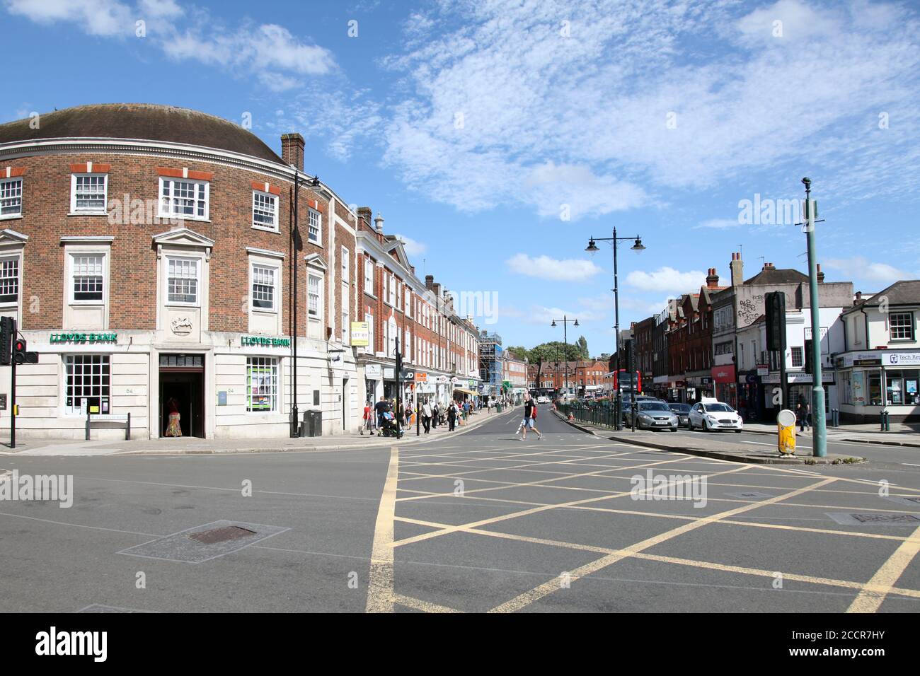 Looking East down Epsom High Street in town centre, Lloyds banking ...