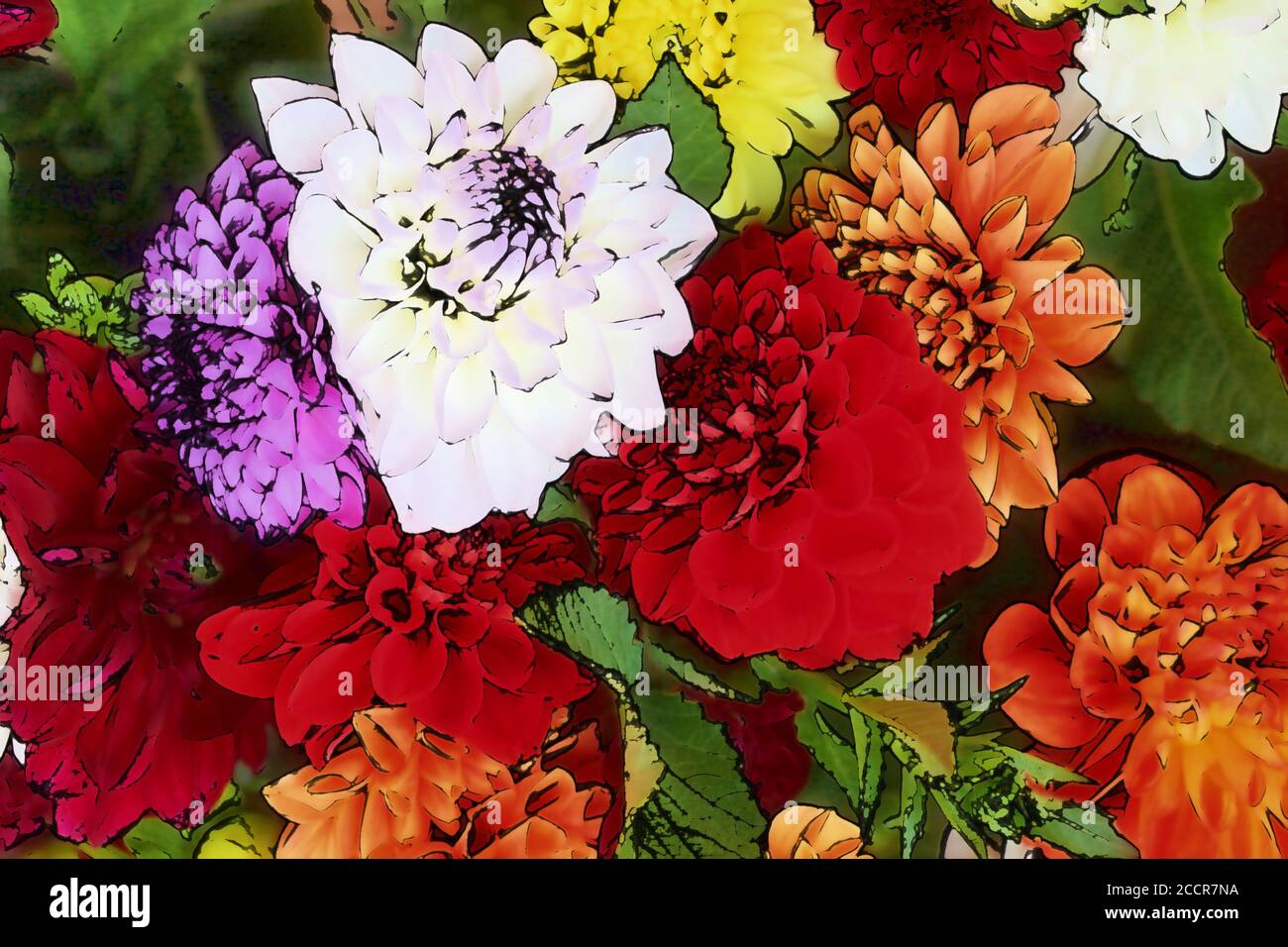 3D-Illustration of a floral background with colorful flowers in a comic ...