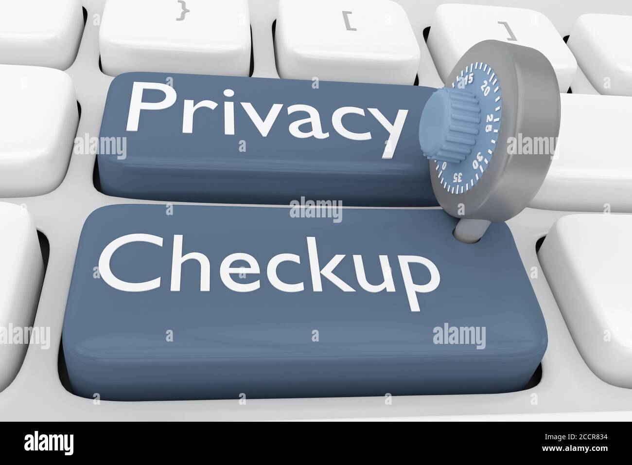 3D illustration of computer keyboard with the script Privacy Checkup on two adjacent buttons ...