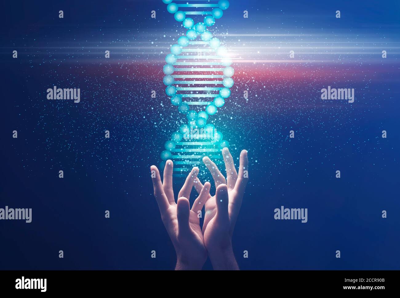 Genetics and medical science. Collage with male hands holding shiny DNA ...