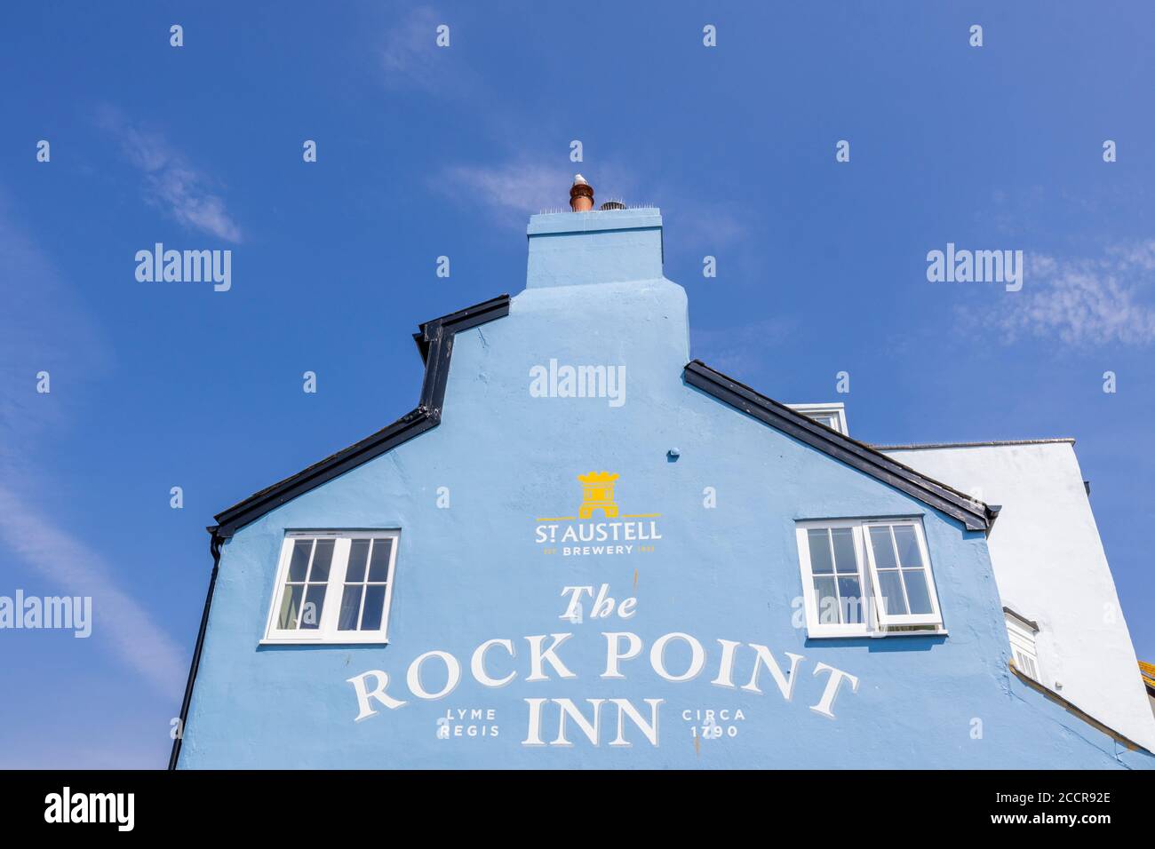 The historic blue painted Rock Point Inn in Lyme Regis, a popular ...