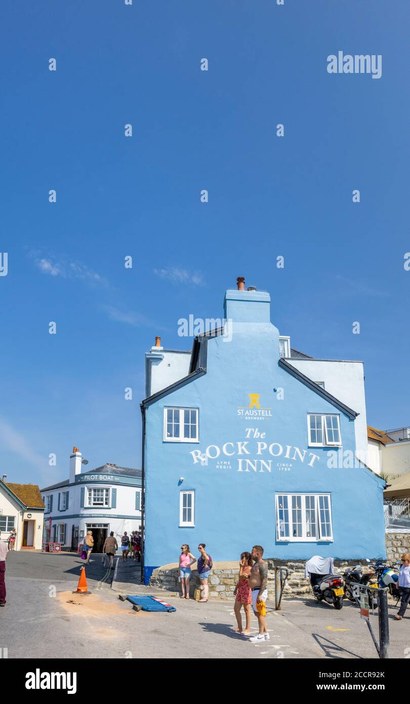 The historic blue painted Rock Point Inn in Lyme Regis, a popular ...