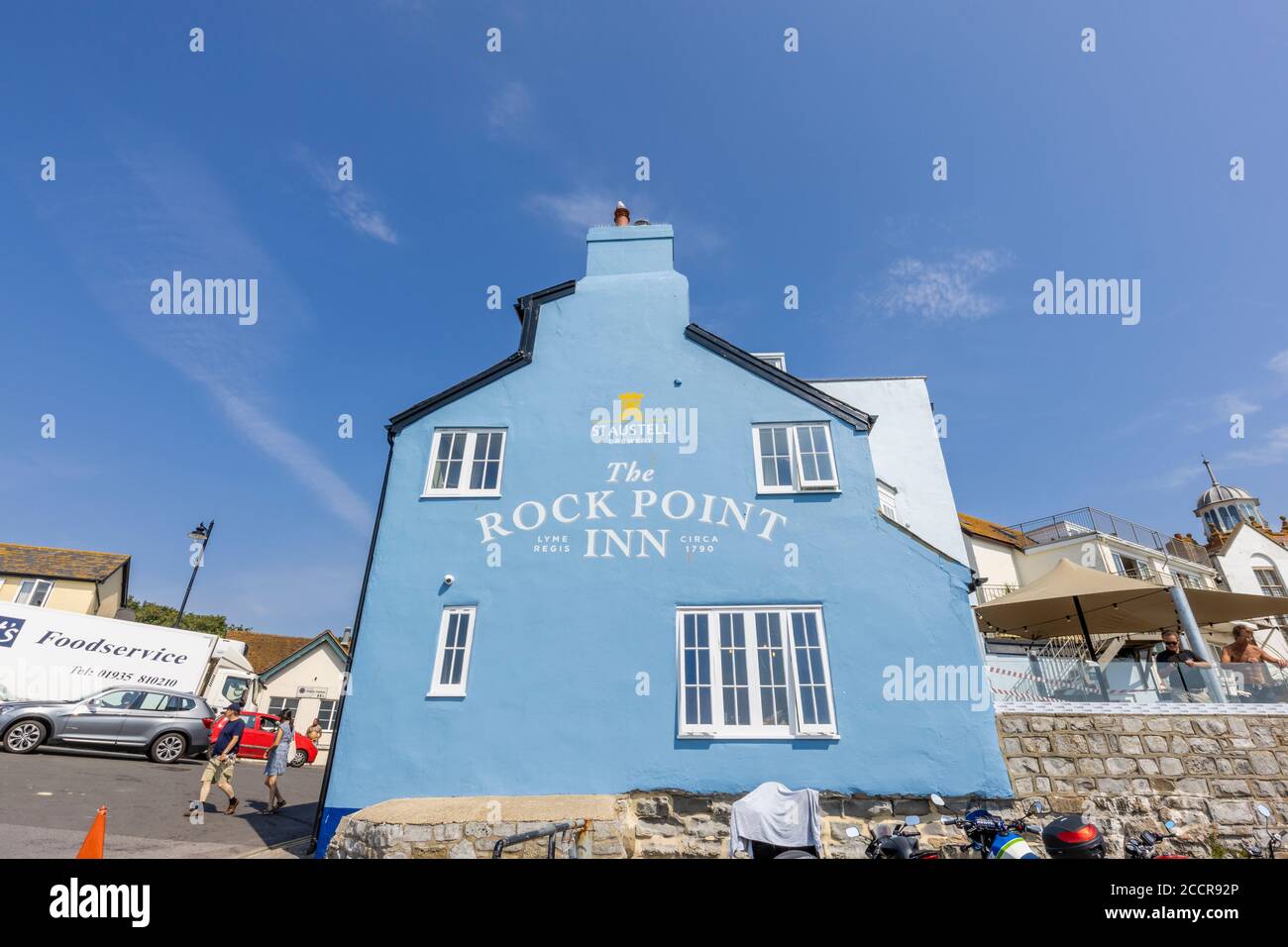 The historic blue painted Rock Point Inn in Lyme Regis, a popular ...