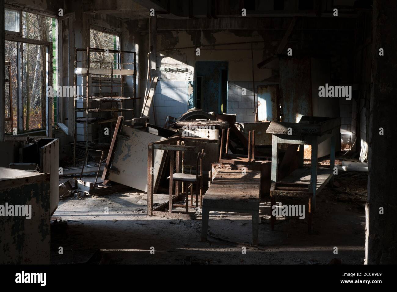 A ruined canteen in an abandoned school in Pripyat, Chernobyl exclusion ...