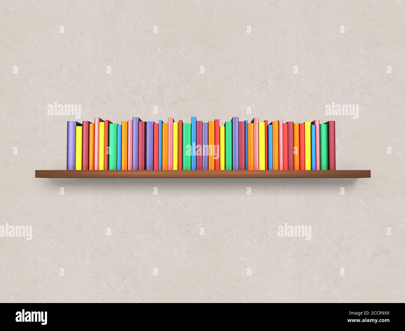Wooden bookshelf with rows of books on a light wall Stock Photo - Alamy