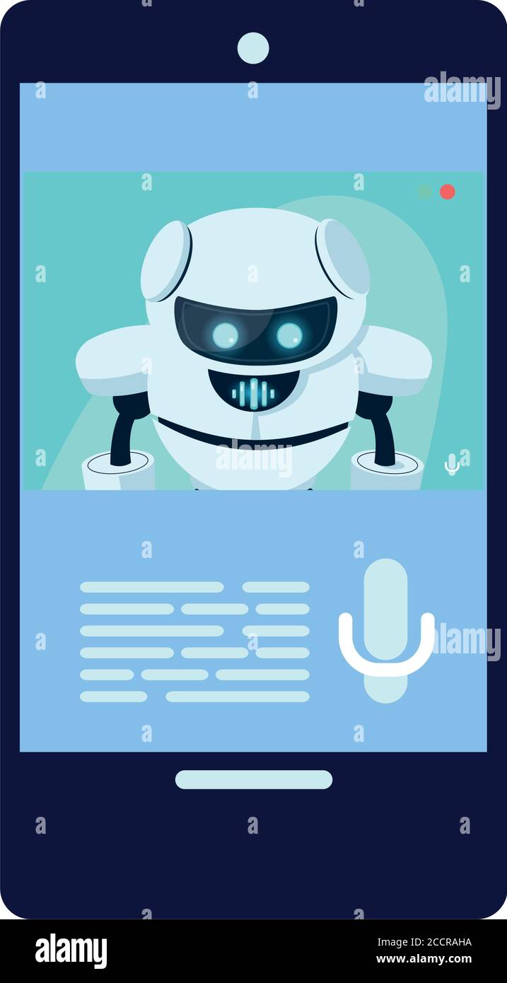 white robot cartoon in smartphone of robotic technology futuristic toy ...