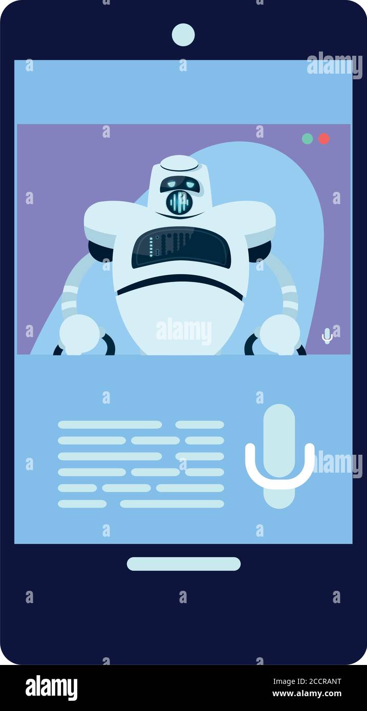 white robot cartoon in smartphone of robotic technology futuristic toy ...