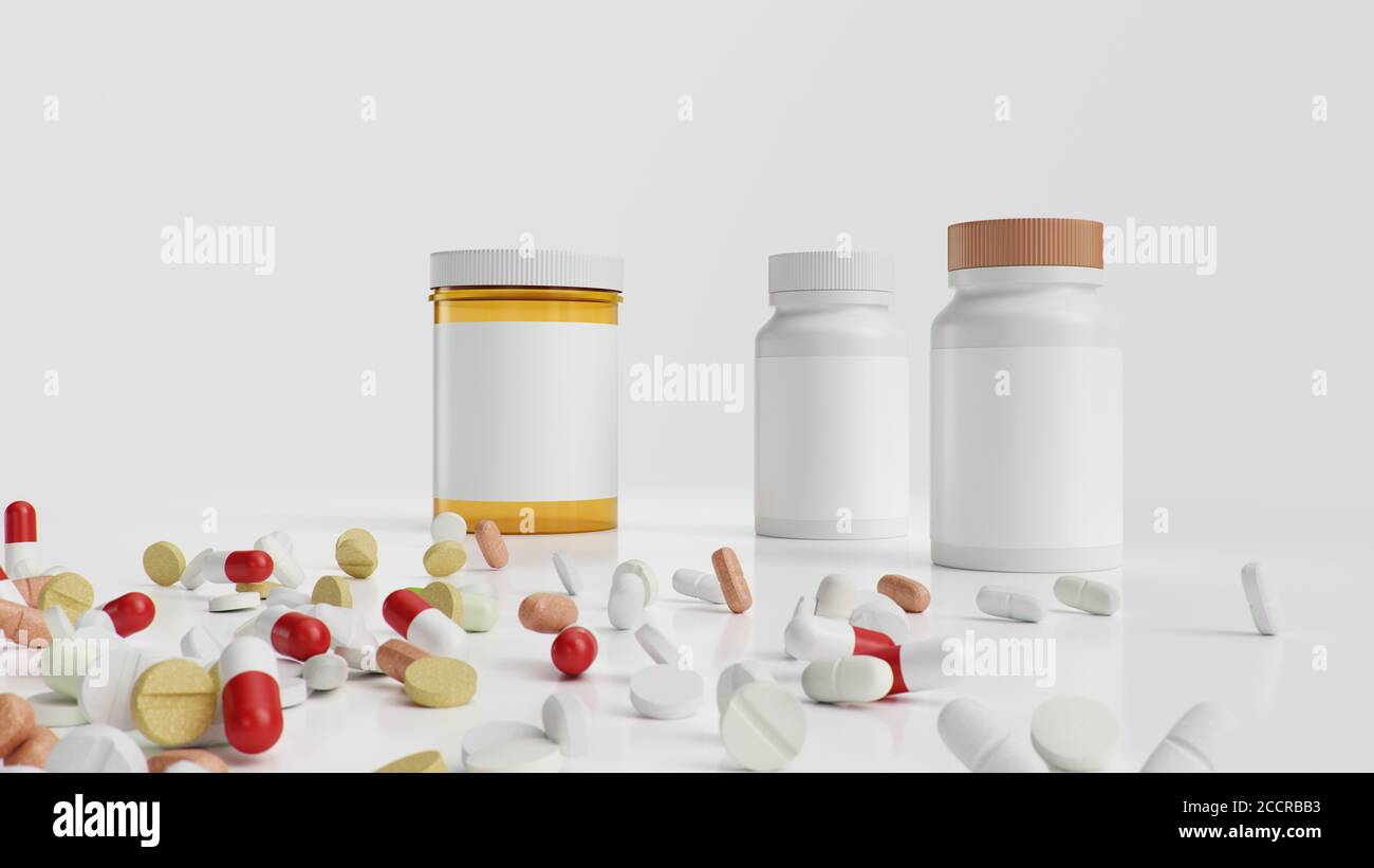Pills on the floor with jars, different colored tablets, capsules ...