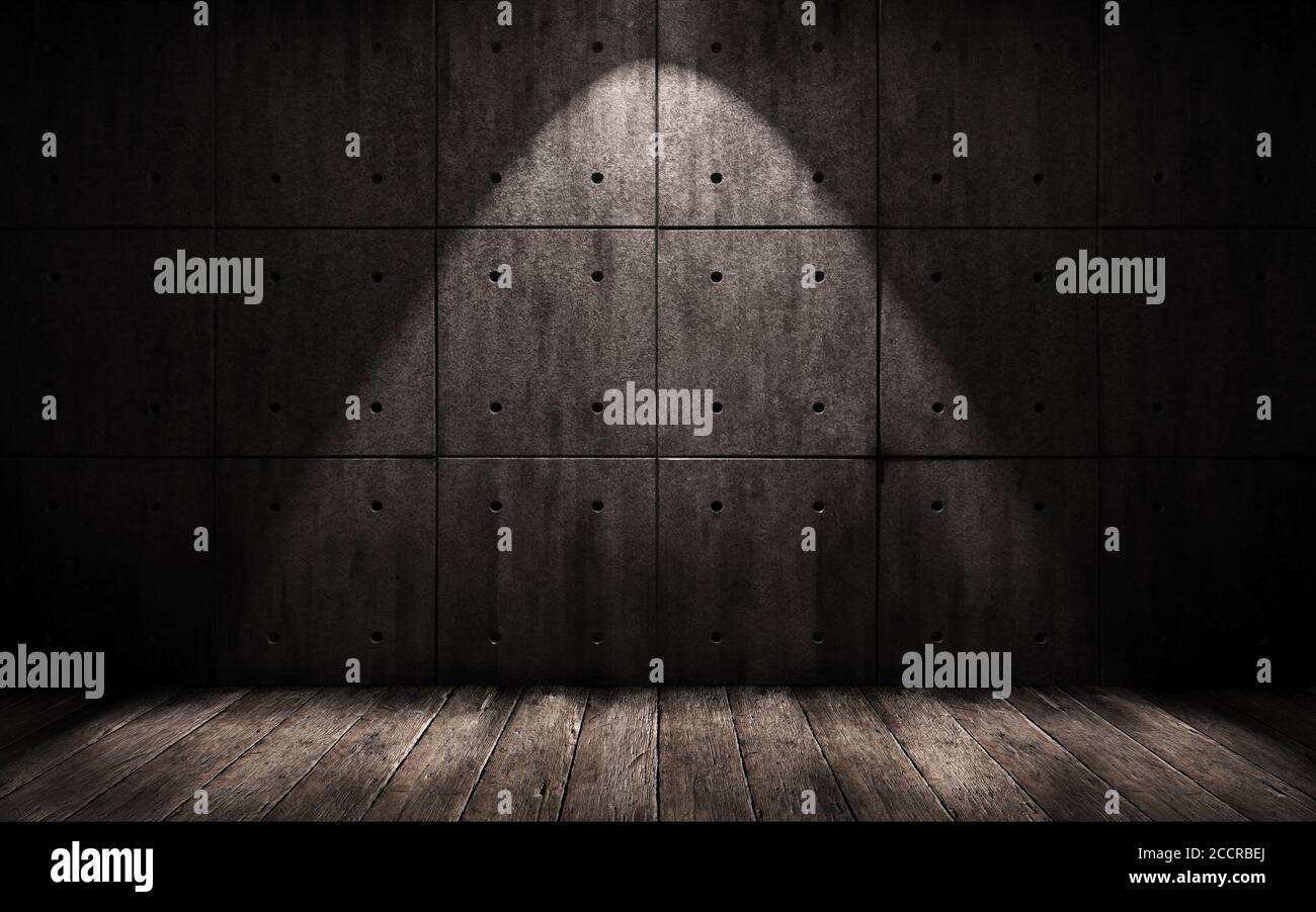 Dark underground room with walls of concrete and wooden floor. Grunge ...