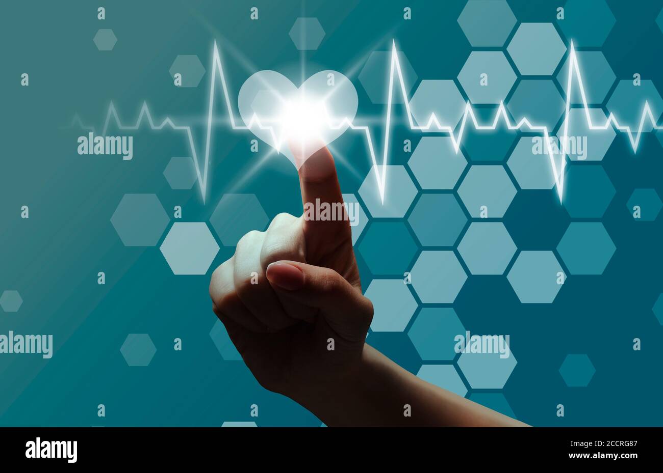 Collage of female hand pressing heart button on virtual screen with ...