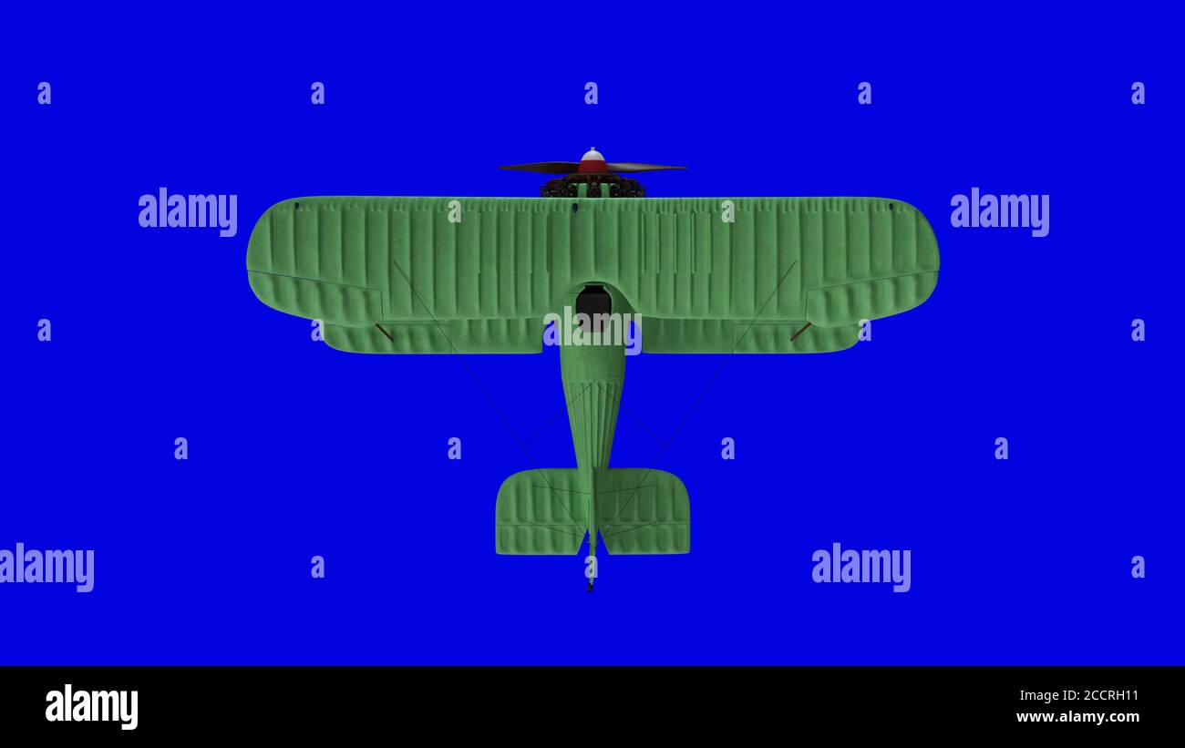 Old propeller biplane airplane. Top view. Blue screen background. 3d ...