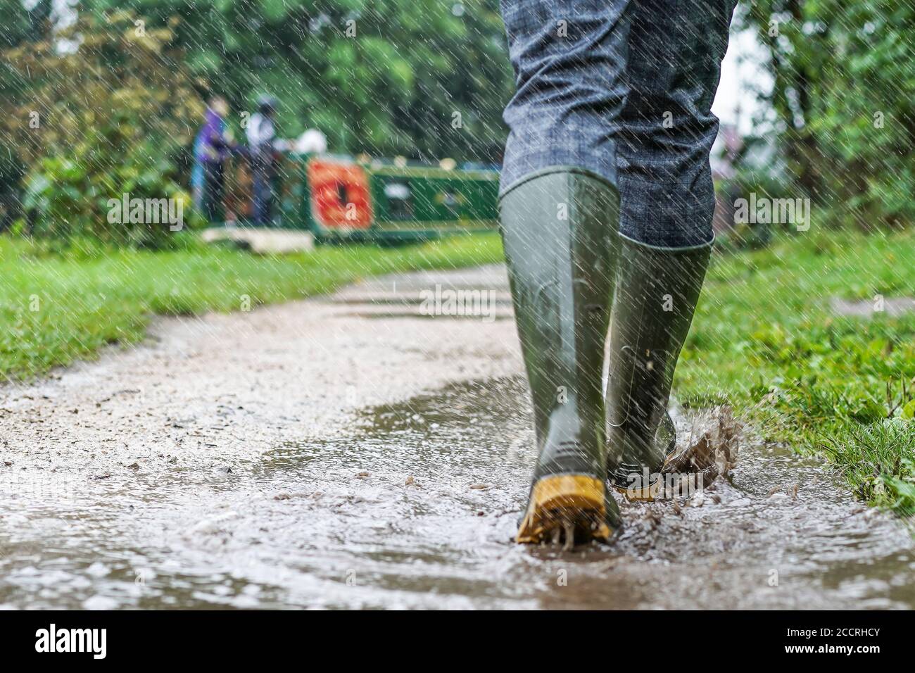 Close, rear view of green wellies worn by woman splashing through ...