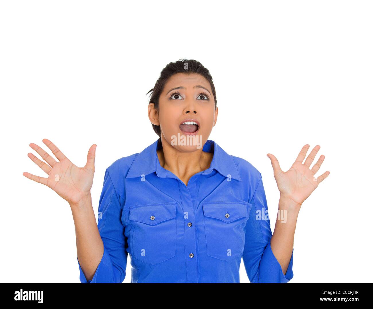 Closeup portrait of surprised, shocked young woman hands in air looking ...