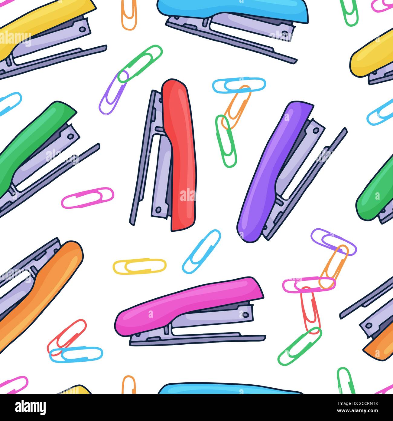 Beautiful hand drawn seamless pattern fashion stapler icon and paper ...