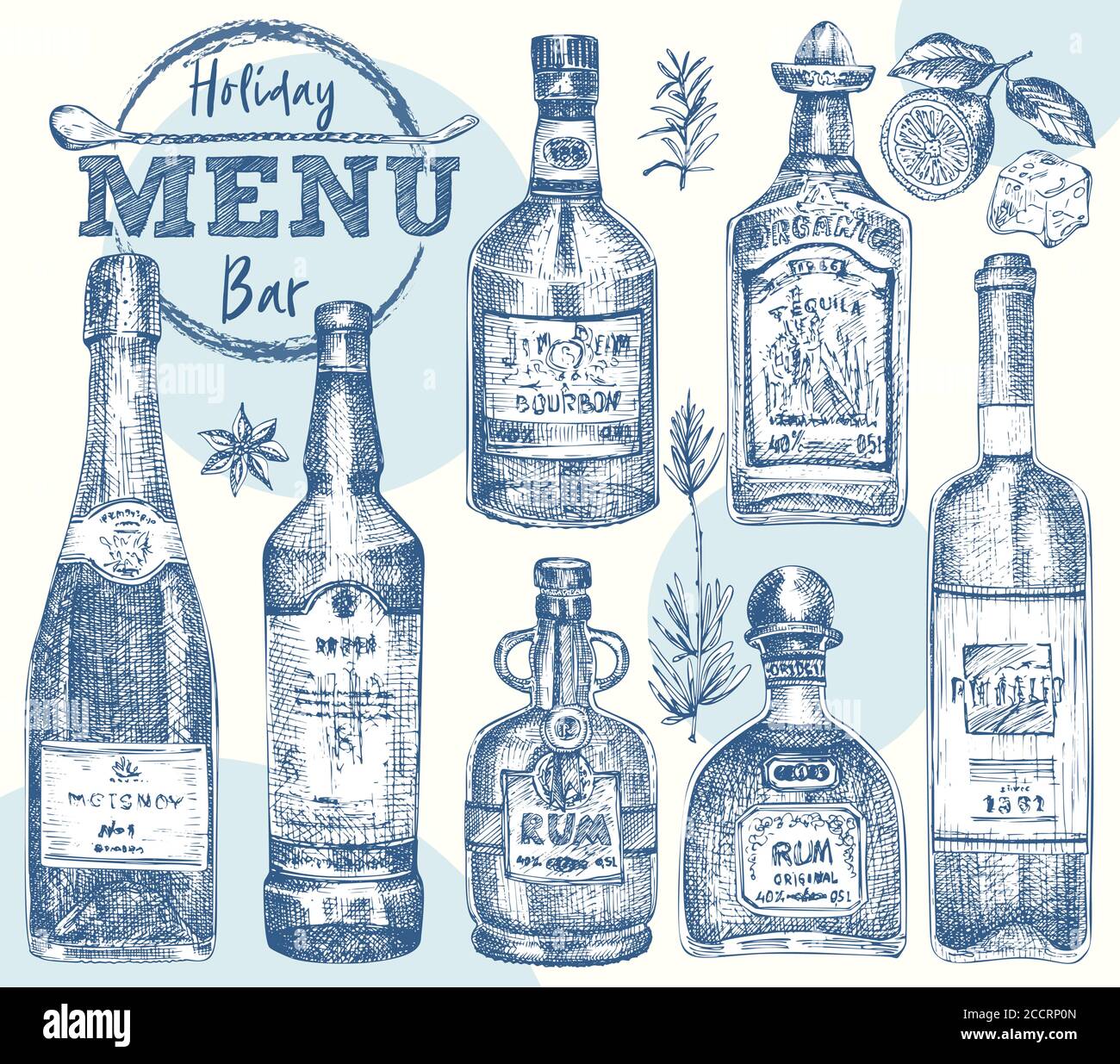 Set bottles Whiskey, rum, champangne, wine, tequila Vintage hand drawn ...