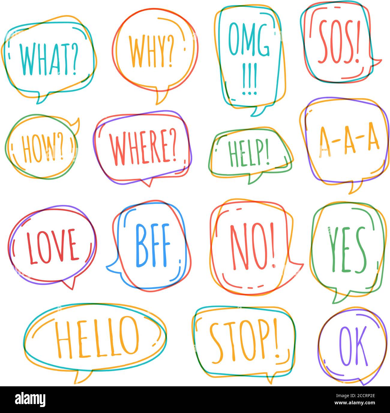 Set of different speech bubble in doodle style with text no, stop, ok ...
