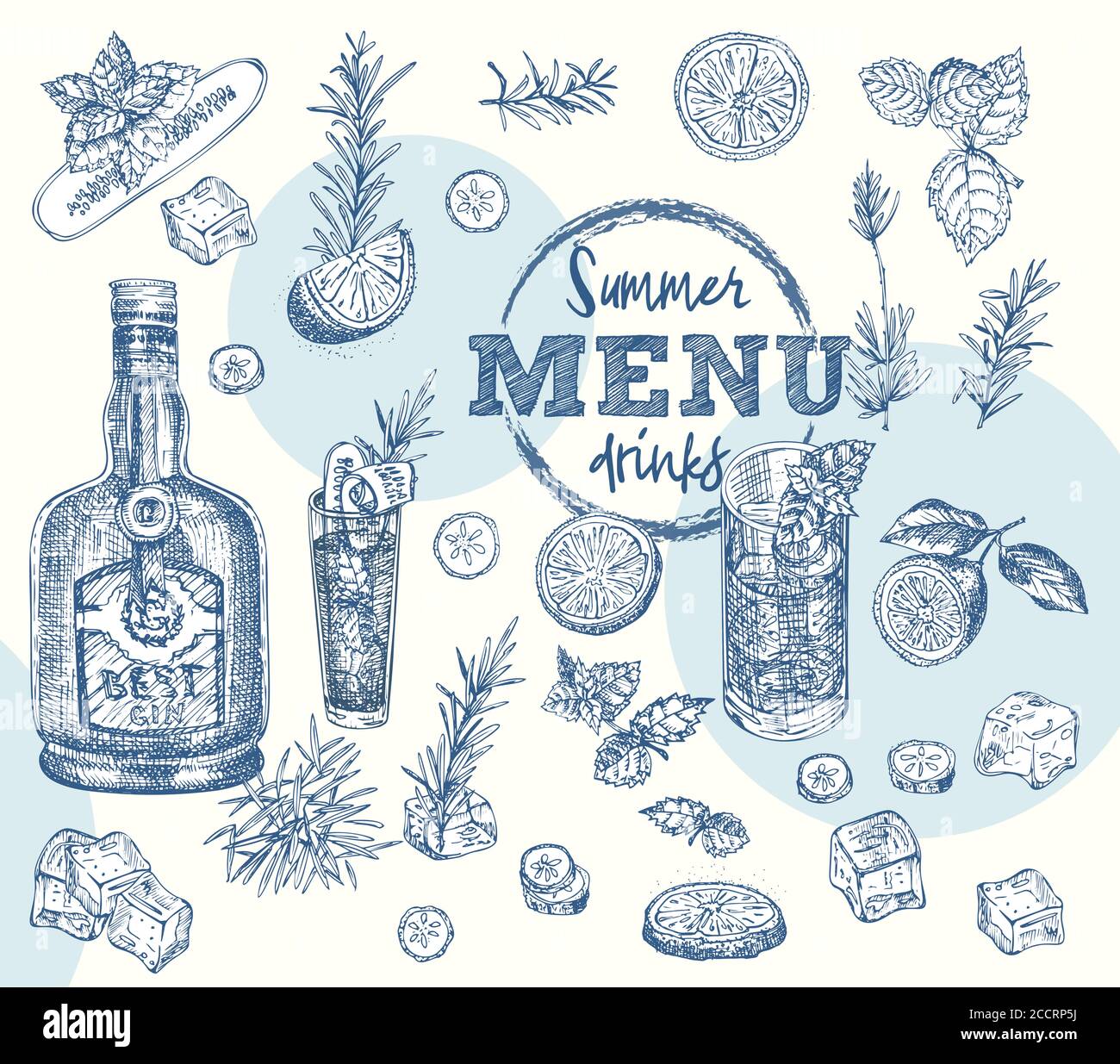 Set bottles Gin, rosemary, citrus, mint, cucumber Vintage hand drawn ...