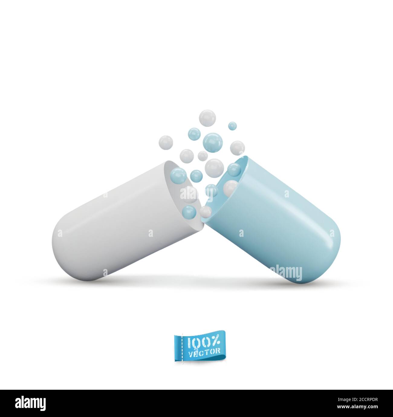Vector medical template. Opened blue-white capsule with lighte-blue and ...