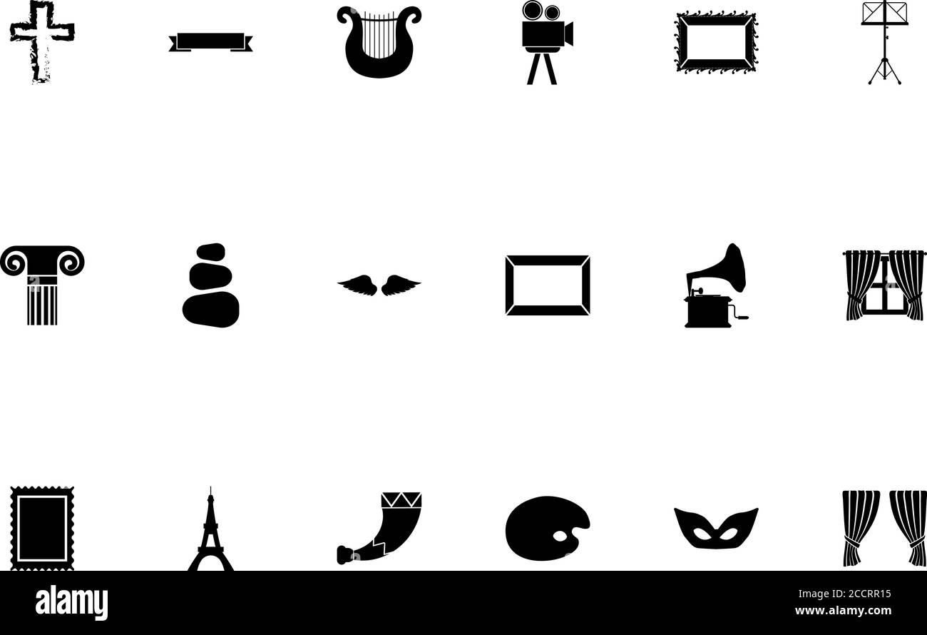 Vintage art objects black color set solid style vector illustration ...