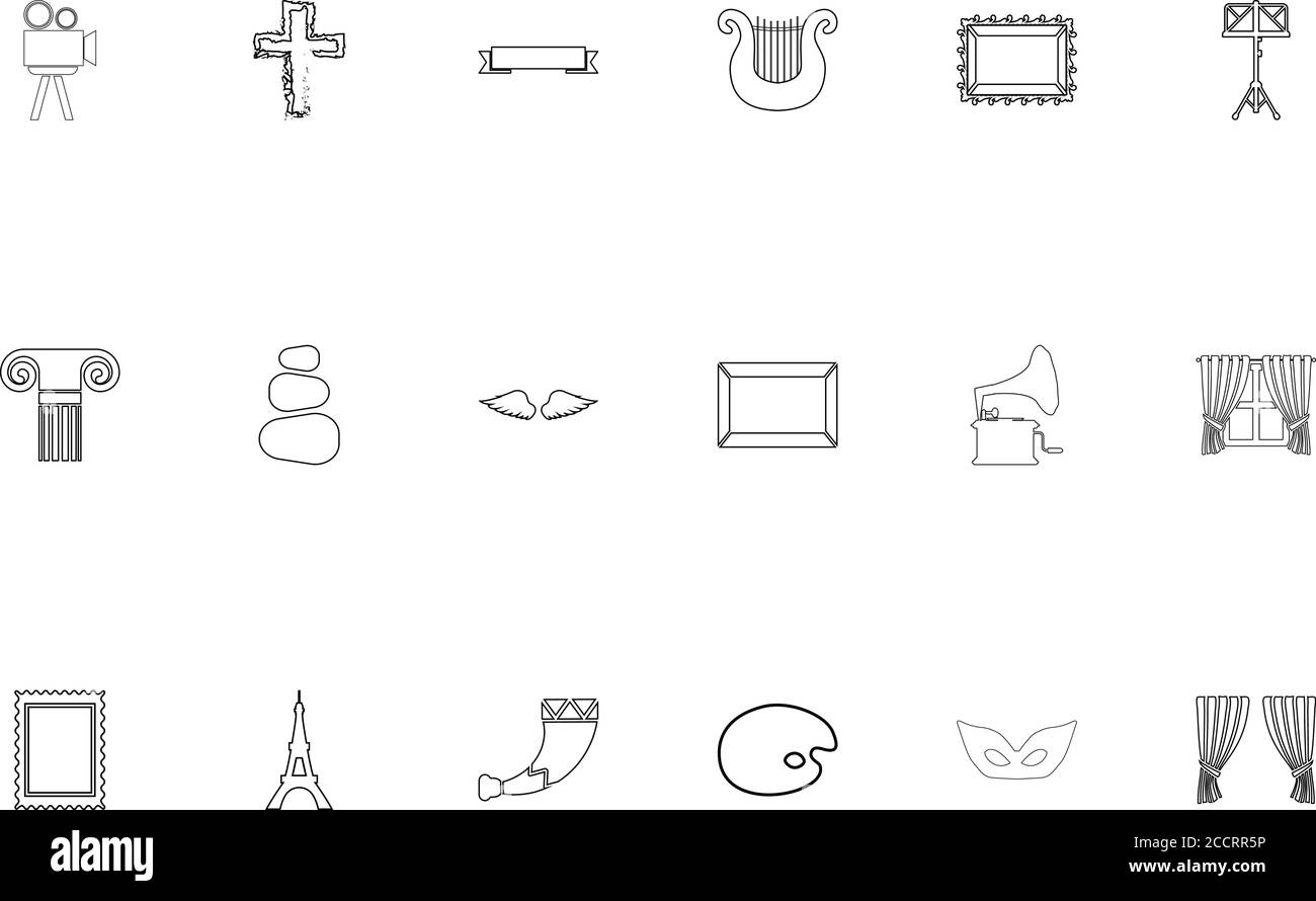 Vintage art objects black color set outline style vector illustration ...