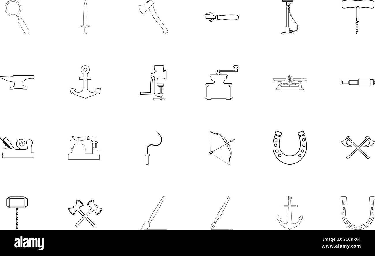 Vintage tools and craft objects black color set outline style vector ...