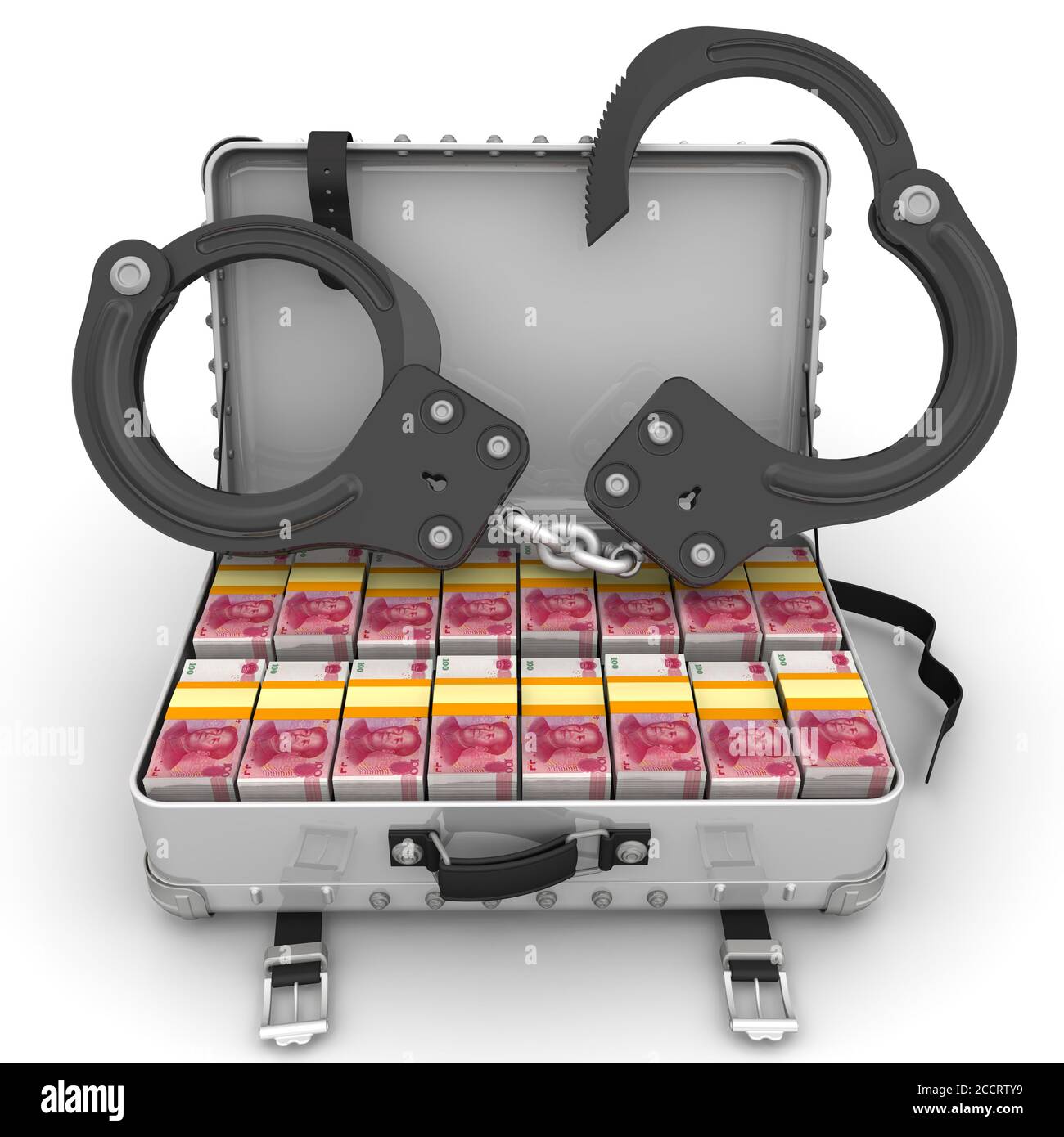 Criminal money. Suitcase filled with Chinese banknotes and handcuffs ...