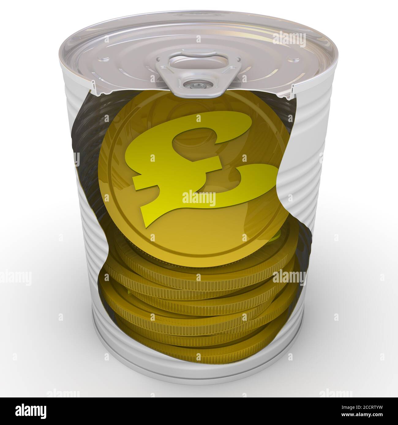Coins in a tin. Gold coins of the British Pound Sterling inside a tin ...