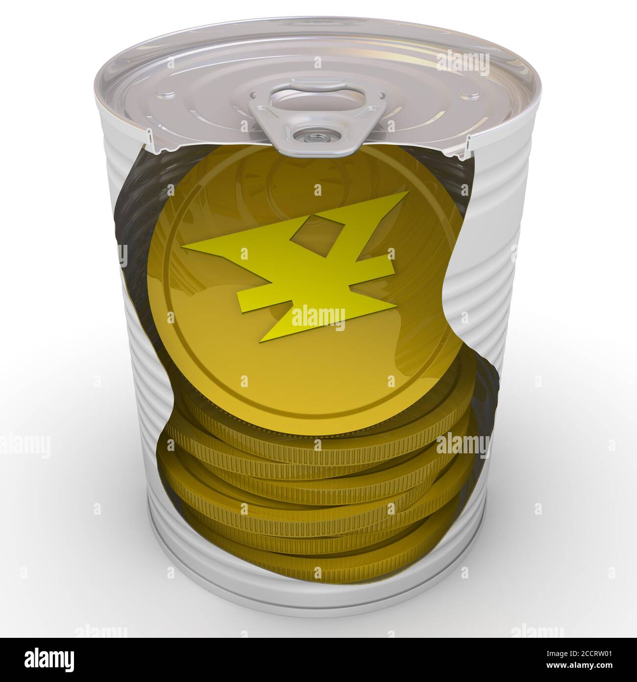 Coins in a tin. Gold coins with the symbol of the Chinese currency ...