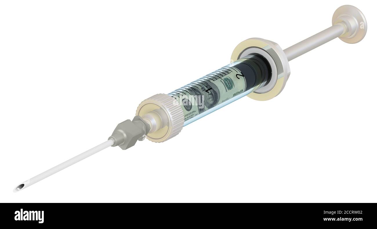 Financial injections. Medical syringe with a banknote of the American ...
